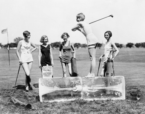 Golfing, 1926. /Nwomen Wearing Bathing Suits, Teeing Off From A Block ...