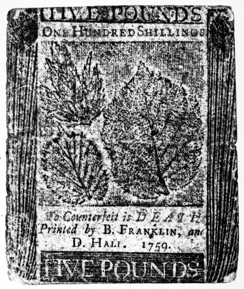 Paper Currency, 1759. /Na Five Pound Note Printed By Benjamin Franklin ...