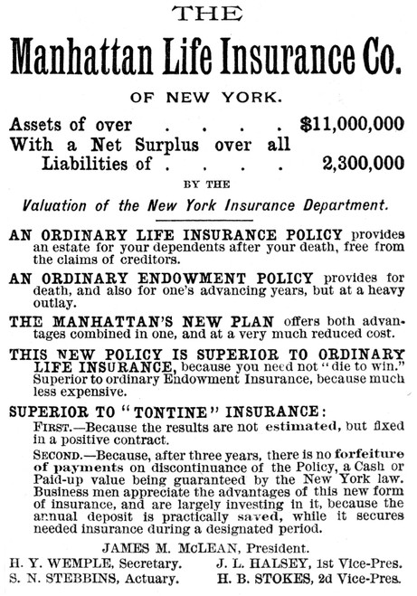 Insurance Advertisement. /Nthe Manhattan Life Insurance Company, From ...