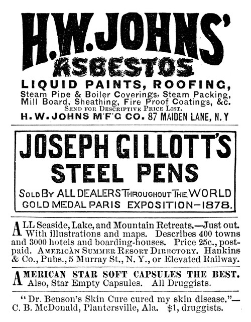 Ad: Asbestos, 1883. /Namerican Magazine Advertisement For H.W. Johns ...