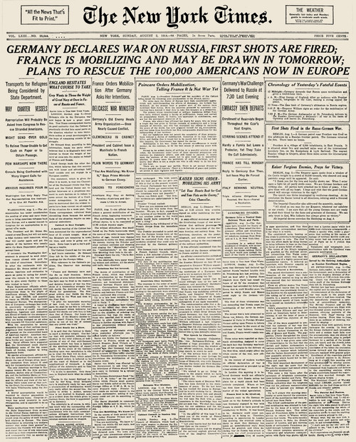 World War I: Declaration. /Nfront Page Of 'The New York Times' Stating ...