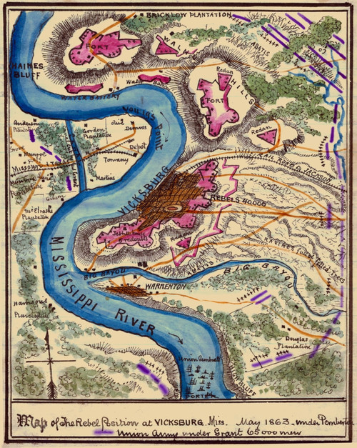 Battle for Vicksburg, Tennessee. Terrain and Confederate fortifications ...