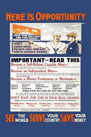 U.S. Navy recruitment poster showing a sailor pointing to a billboard ...
