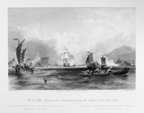 China: Bocca Tigris, 1831. /Nhms Imogene And Andromache Exchanging Fire ...