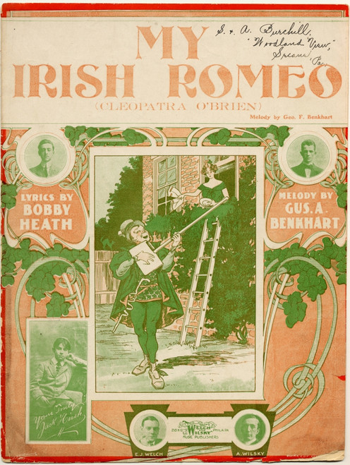 Ensconced in Festoons with green leaves is inset a drawing of a man in ...