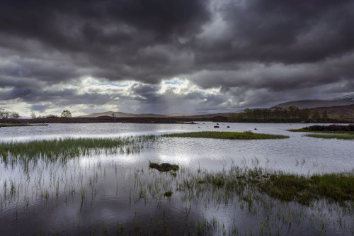 Moor landscape with lake and grassy patches and dark storm clouds at ...