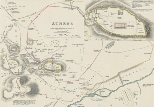 A map of ancient Athens, Greece, showing the location of ruins. From an ...