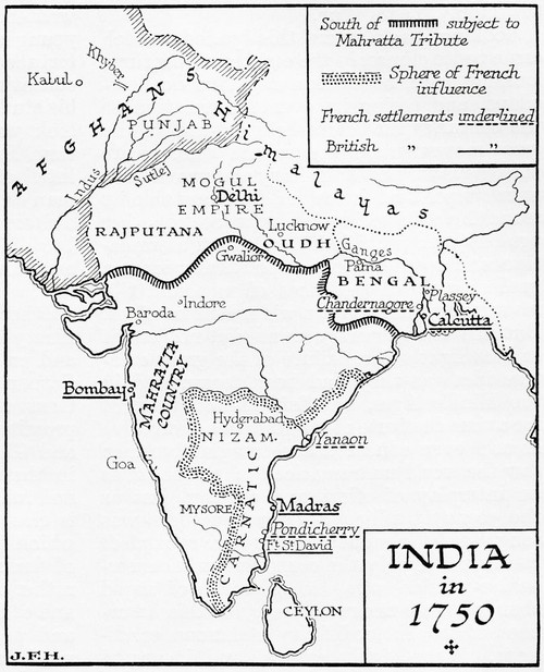 Map of India in 1750. From the book Outline of History by H.G. Wells ...
