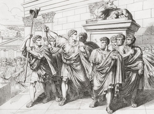 Marcus Junius Brutus and fellow conspirators after assassinating Julius ...