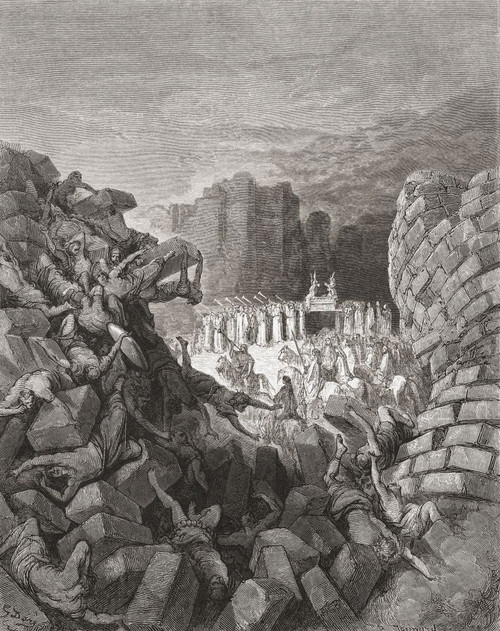The walls of Jericho falling. After a 19th century work by Gustave Dore ...