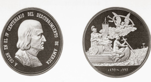 Commemorative medal celebrating the 400 year anniversary of Columbus's ...