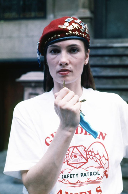 Lisa Sliwa of the Guardian Angels close-up, holding a key, New York ...