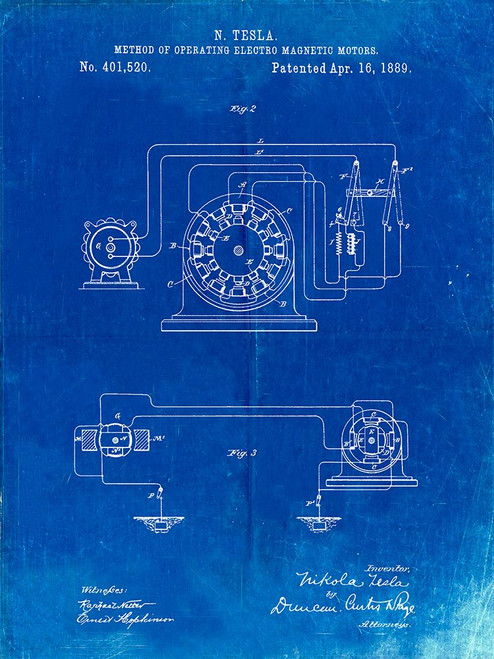 PP264-Faded Blueprint Tesla Operating Electric Motors Map Poster Poster ...