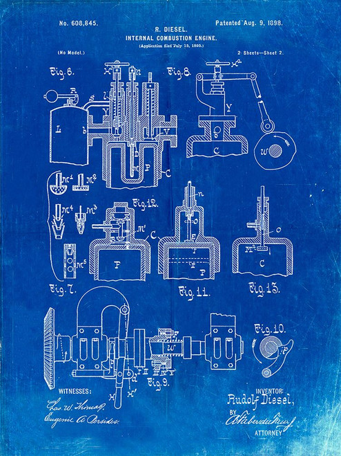 PP257-Faded Blueprint Diesel Engine 1898 Patent Poster Poster Print ...