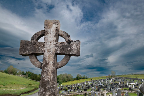 Celtic cross is part of a cemetery at Burrishoole Abbey-County Mayo ...