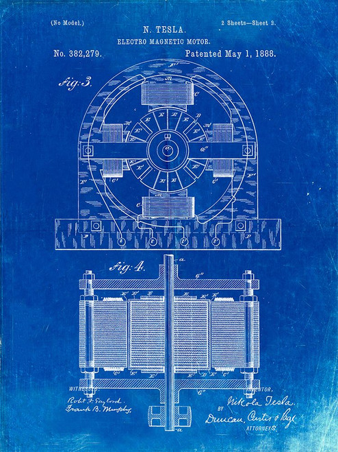 PP173- Faded Blueprint Tesla Electro Motor Patent Poster Poster Print ...
