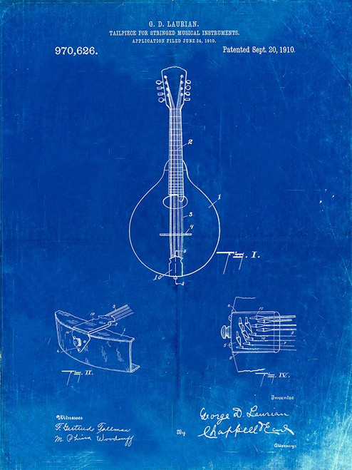 PP514-Faded Blueprint Gibson Mandolin Tailpiece Patent Poster Poster ...