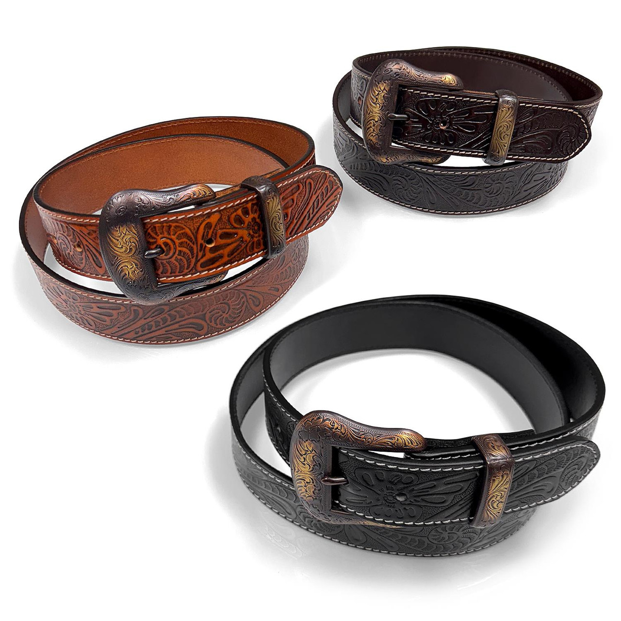 Western Floral Engraved Embossed Tooled Genuine Full Grain Leather Belt ...