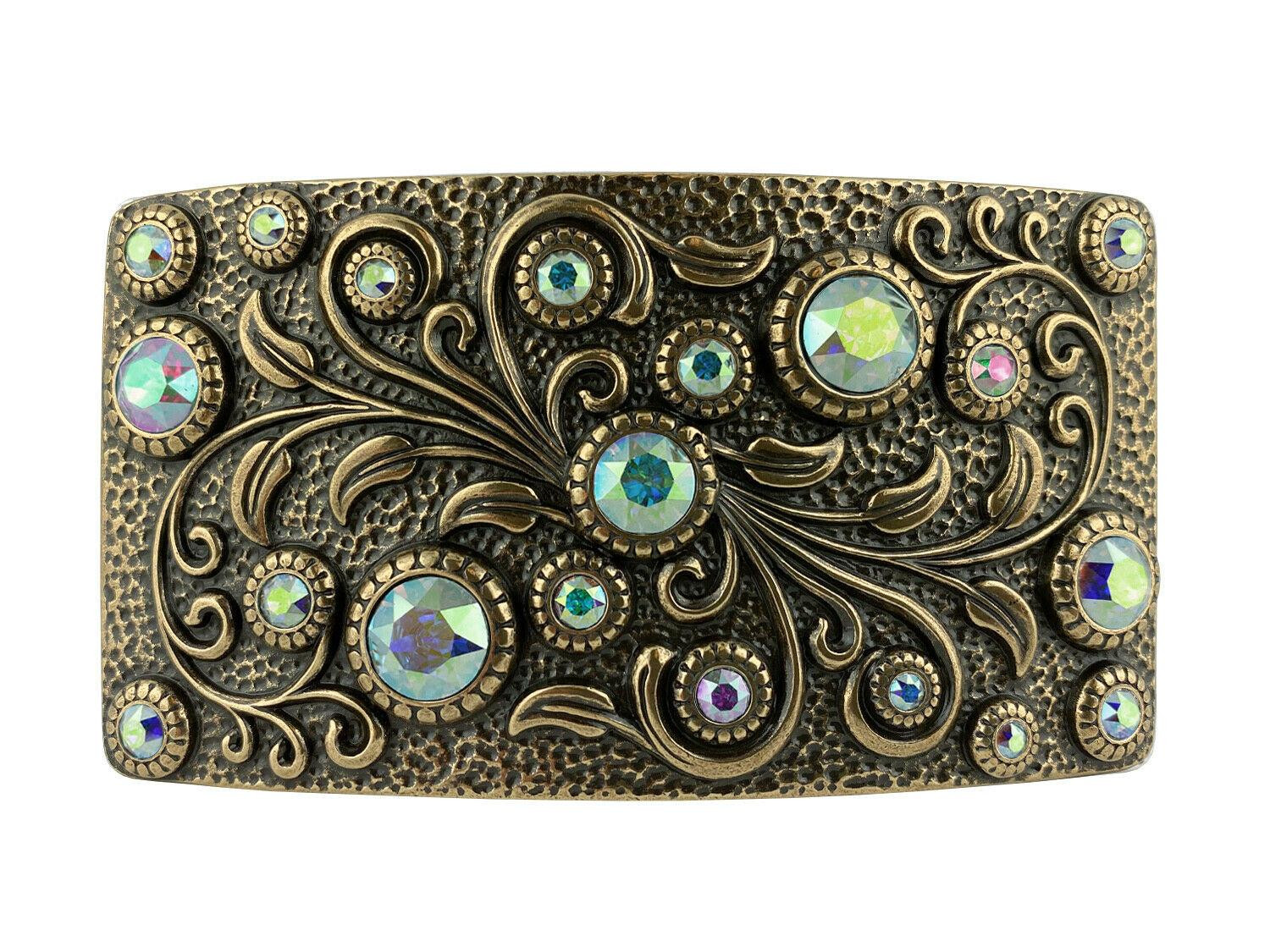 HA0850 OEB Rhinestone Crystal Belt Buckle Antique Rectangle Floral ...