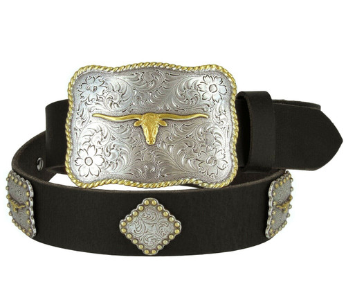 Western Belt Texas Longhorn Steer Buckle with Conchos Full Grain ...