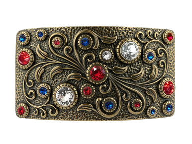 Rhinestone Crystal Belt Buckle Antique Brass Rectangle Floral Engraved ...