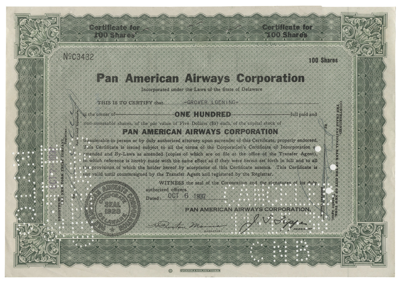 Grover Loening Signs A Pan American Airways Corporation Stock