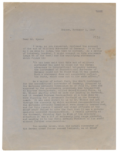 An Historically Important Letter in Which General Walter Bedell Smith ...
