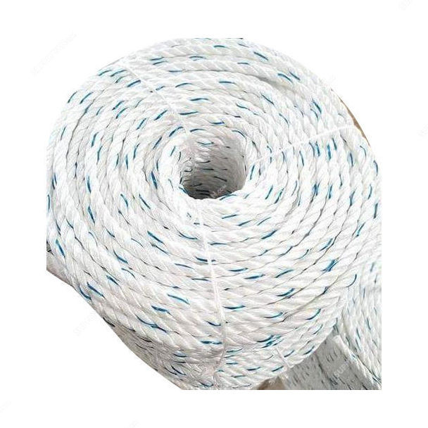 3-Strand Nylon Rope With Blue Tracer, 6MM x 200 Mtrs, 785 Kg, White