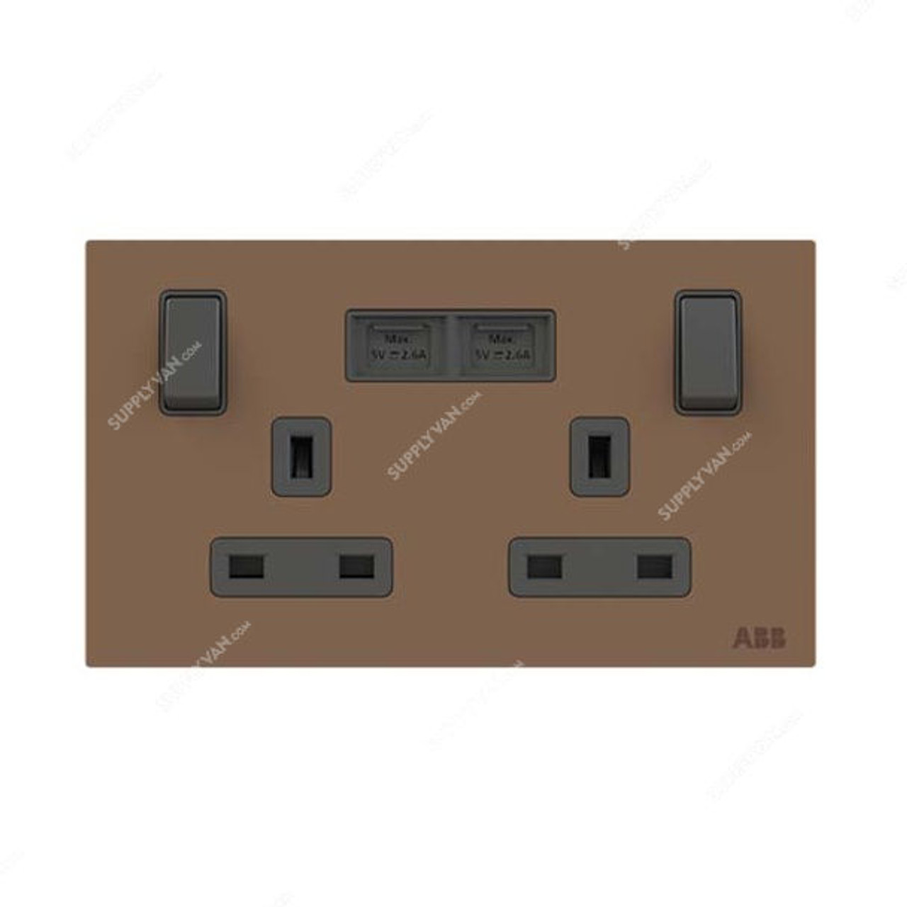 ABB AM235147-MO Single Pole Switched Socket With USB Charger Millenium 2 Gang 13A Mocha Brown ...