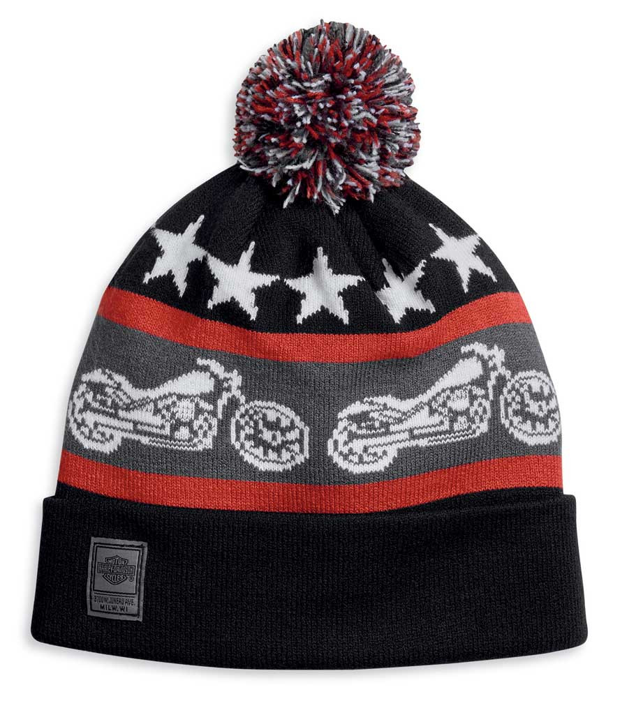 Harley-Davidson® Men's Retro Cuffed Pom Pom Knit Beanie Cap, Black ...