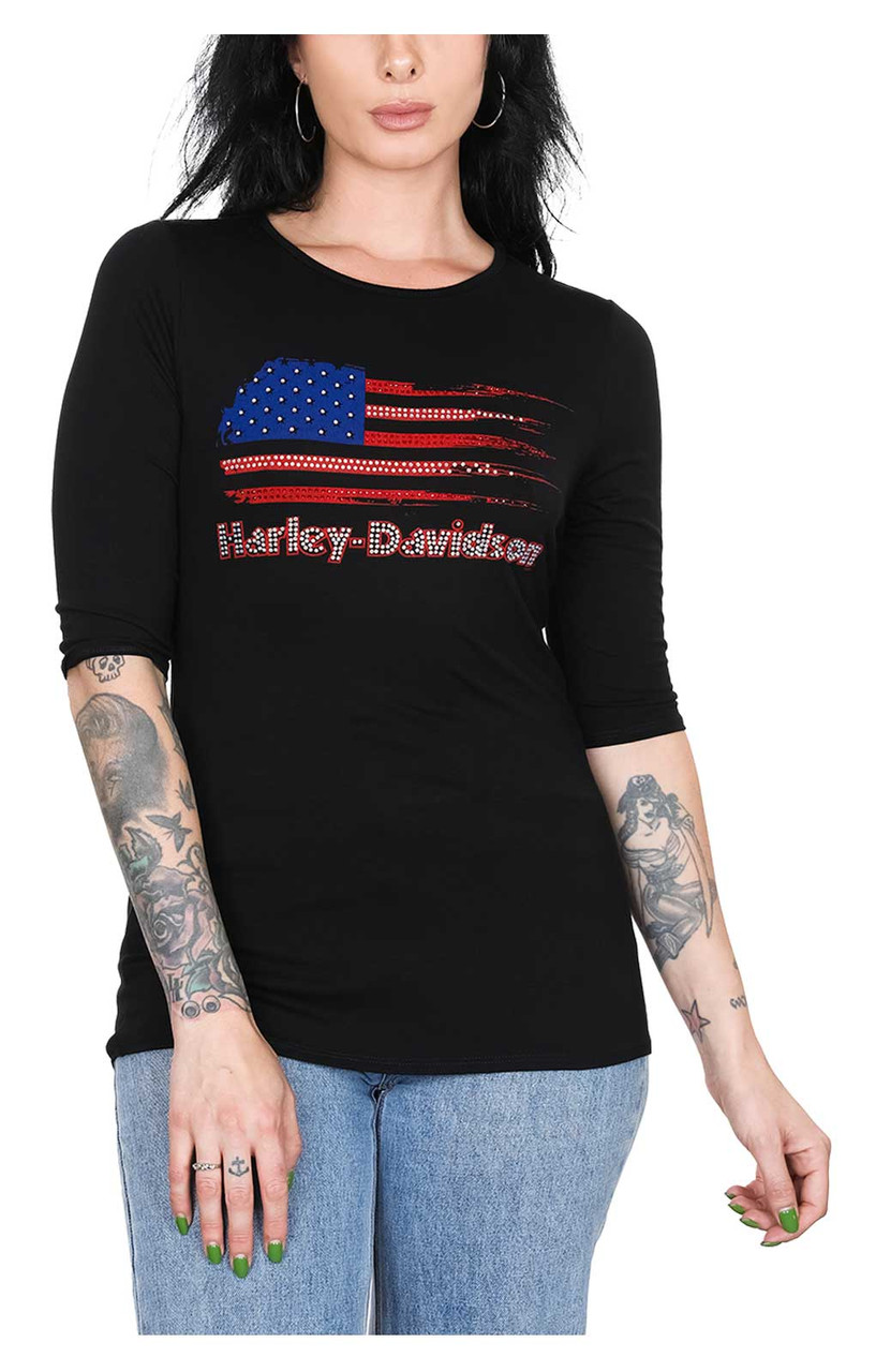 Harley-Davidson® Women's Embellished Flag 3/4 Sleeve Round Neck Top ...