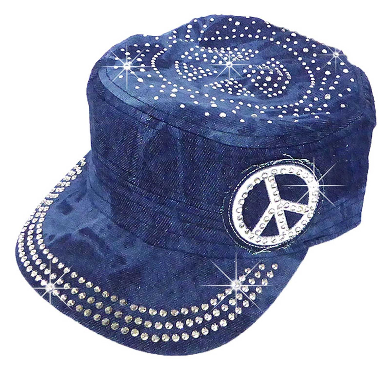 That's A Wrap Women's Rhinestone Peace Sign Adjustable Cadet Cap - Blue ...