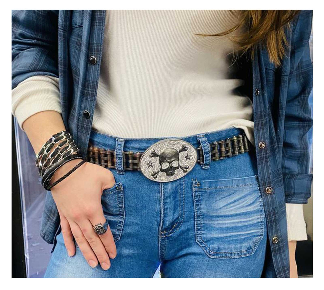 Heavy Metal Women's Riders Stainless Steel Belt, Bling Skull Distressed ...