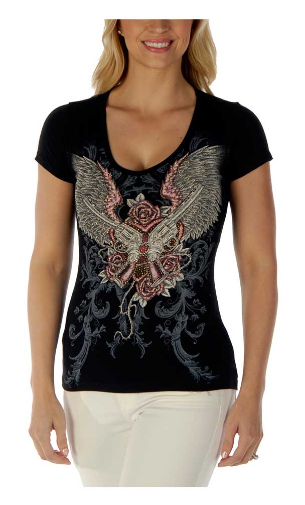 Liberty Wear Women's Guns & Wings Embellished Short Sleeve V-Neck Tee ...