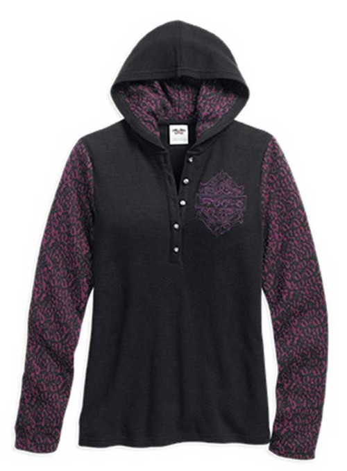 Harley-Davidson® Women's Animal Print Arm Hooded Henley, Black/Purple ...