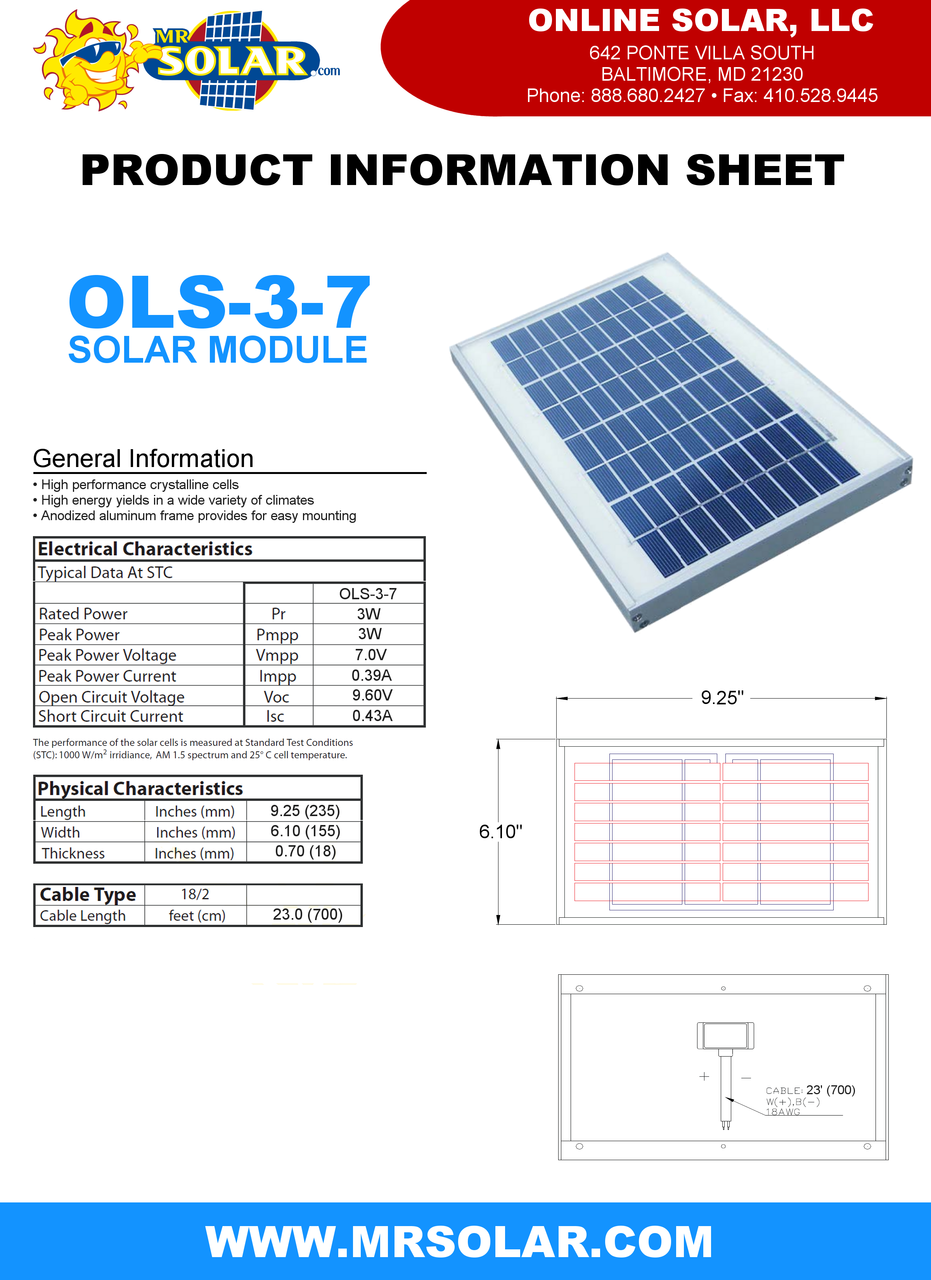 Mr. Solar® OLS-7 3 Watt 7V Polycrystalline Solar Panel