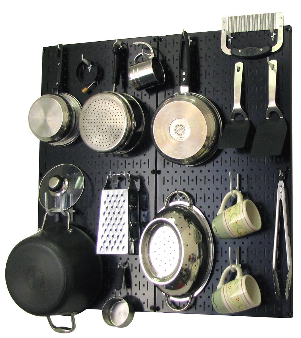 Black Kitchen Pegboard Organizer - Metal Hanging Pot Rack