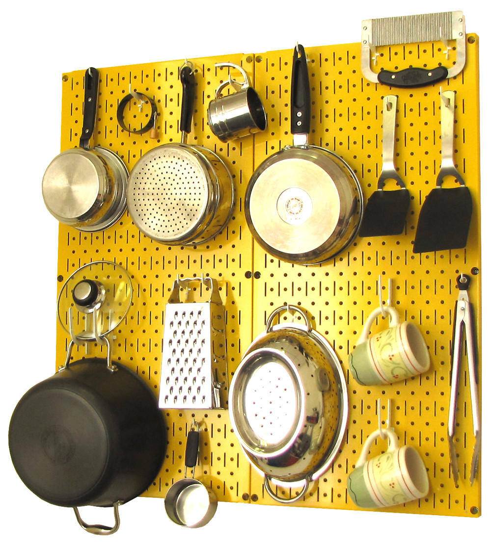 Yellow Kitchen Pegboard Organizer - Metal Hanging Pot Rack