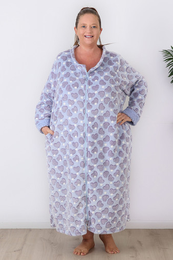 Plus Size Zip Up Soft Purple Hearts Dressing Gown | Curvaceous