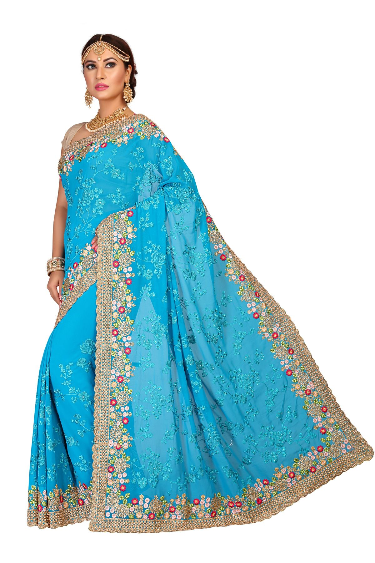 Turquoise colour party wear saree
