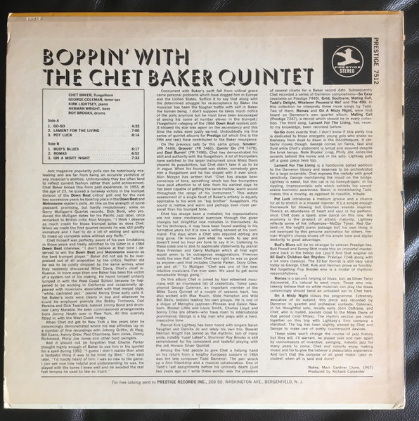 The Chet Baker Quintet – Boppin' With The Chet Baker Quintet (LP used ...