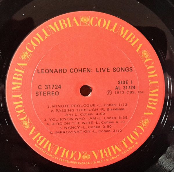 Leonard Cohen – Live Songs (LP used Canada 1973 NM/VG)