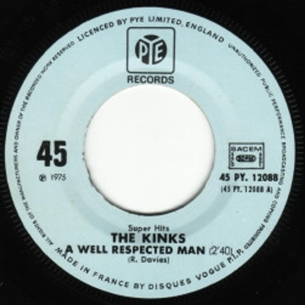 The Kinks – A Well Respected Man / Sunny Afternoon (2 track 7 inch single used France 1975 NM/VG+)