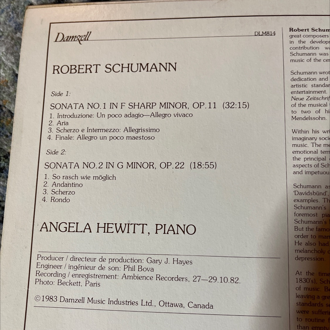 ANGELA HEWITT - SCHUMANN piano sonatas nos.1 & 2 DAMZELL LP NM - The ...