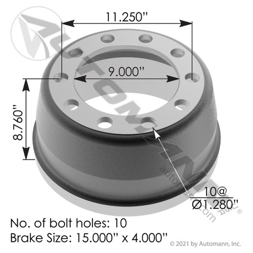 Brake Drum- 15" x 4"- replaces 65541B, 3158X- Automann 151.5405BA ...