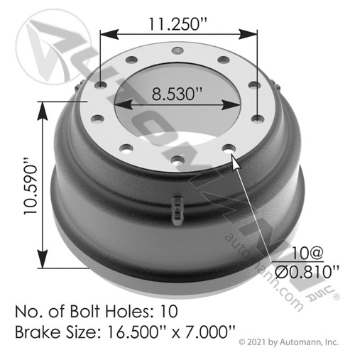 Brake Drum- 16.5" X 7"- replaces 66893F, 3166- Automann 151.6713 ...