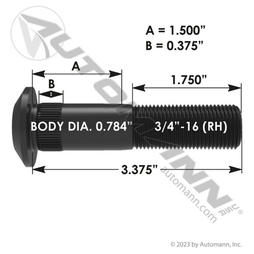 Wheel Stud- RH- 3/4"-16 Thread- 3.375" Long- 1.75 Thread Length ...