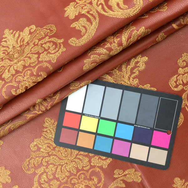 Dark Red Embroidered Damask Faux Leather | Vinyl Fabric | Upholstery ...