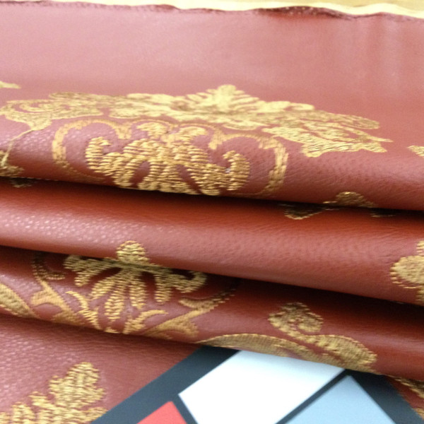 Dark Red Embroidered Damask Faux Leather | Vinyl Fabric | Upholstery ...