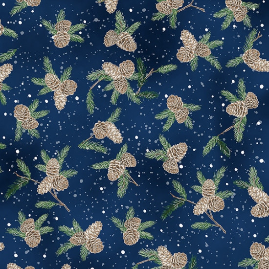 Hoffman Whispering Woods Pine Cone Snow Navy/Silver | SOLD BY THE HALF ...